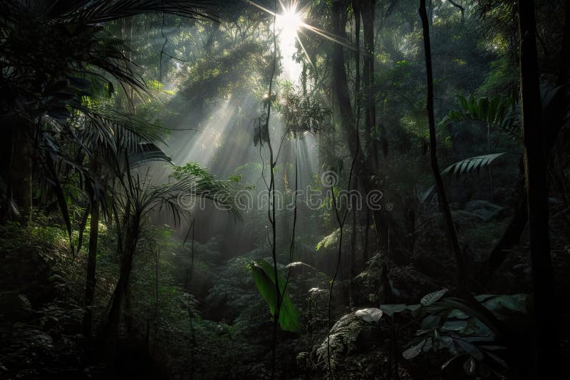 Dark Rainforest at Dawn with the Sun Filtering through the Canopy Stock ...
