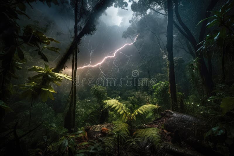 Dark Rainforest with Flash of Lightning, Capturing the Moment of a ...