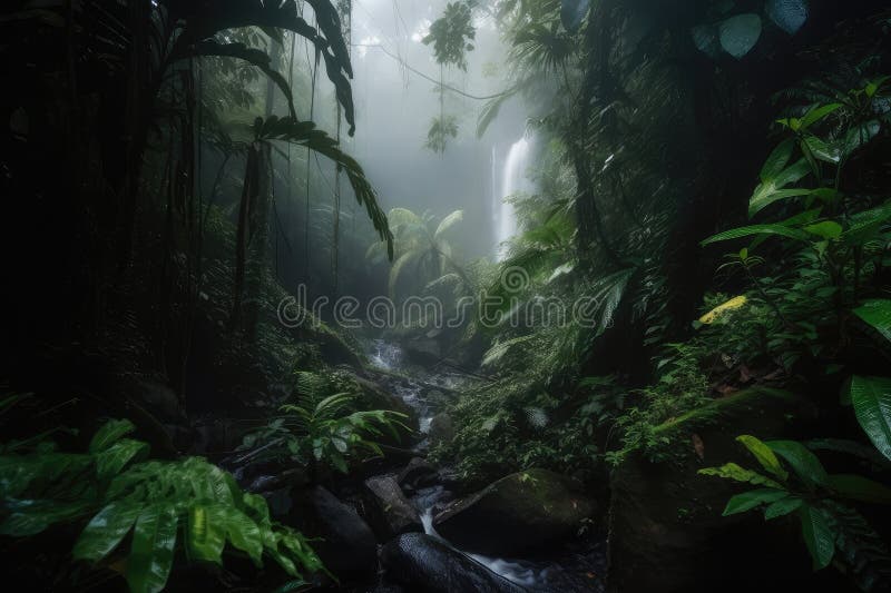 Dark Rainforest Jungle with Hidden Waterfall, Surrounded by Mist Stock ...