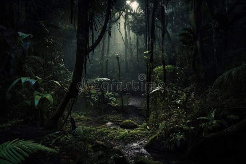 The Dark Rainforest at Night, with only the Glow of the Moon Shining ...