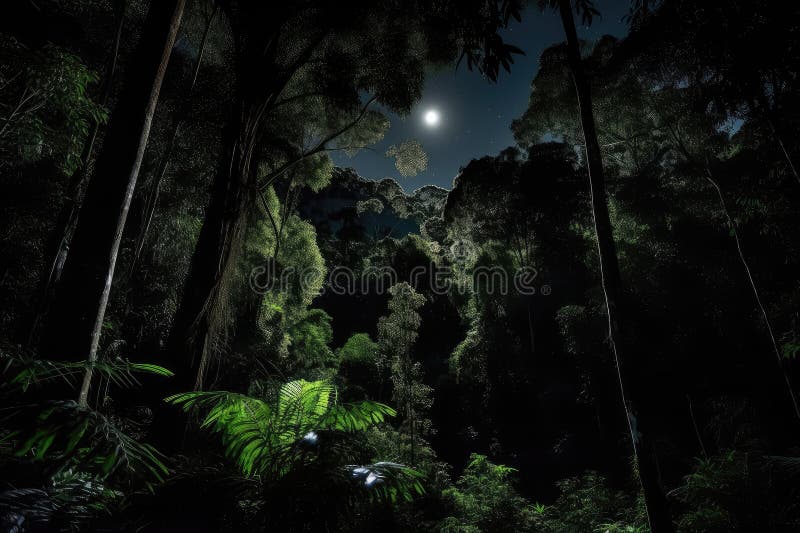 Dark Rainforest at Night, with the Moon Shining through the Trees Stock ...
