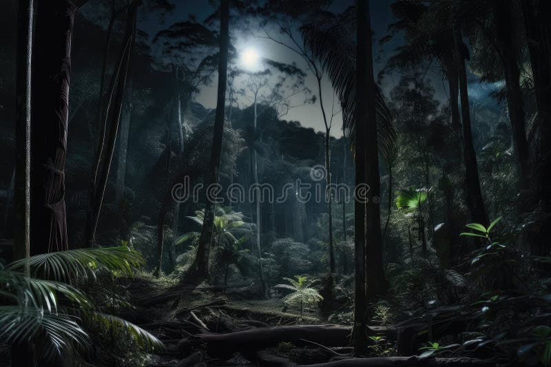 Dark Rainforest at Night, with the Moon Shining through the Trees Stock ...