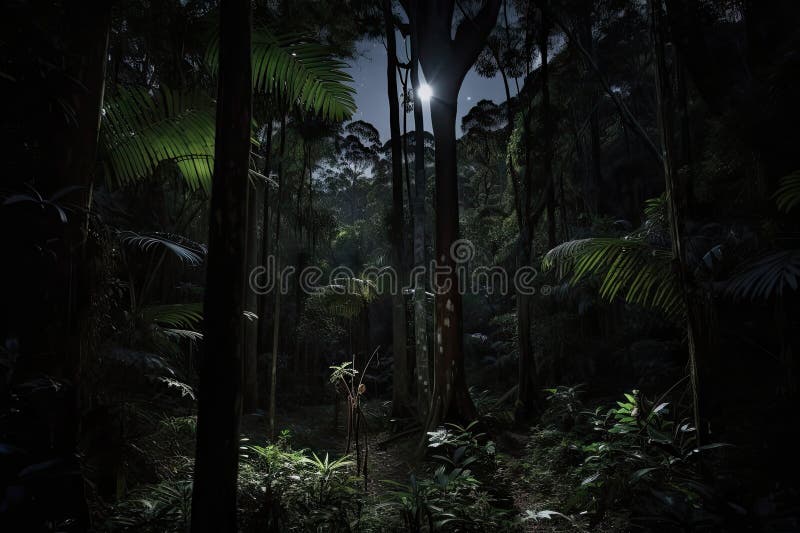 Dark Rainforest at Night, with Moonlight Shining through the Tall Trees ...