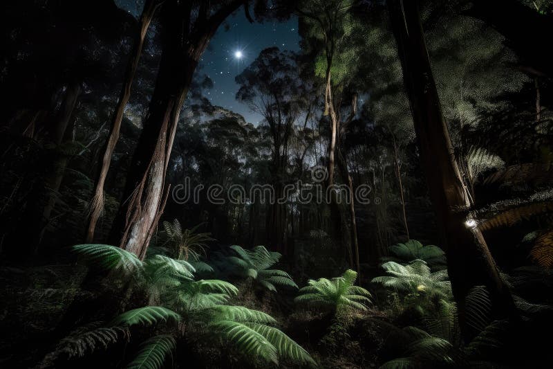 Dark Rainforest at Night, with Moonlight Shining through the Tall Trees ...