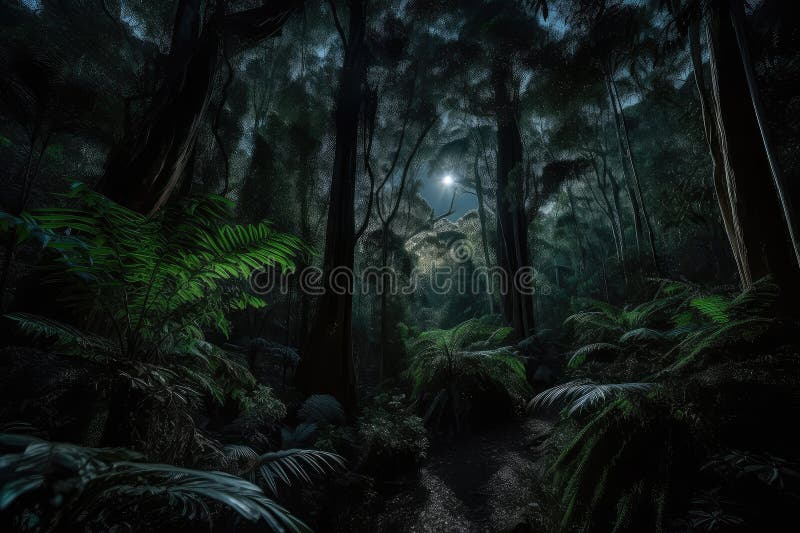 Dark Rainforest at Night, with Moonlight Shining through the Trees ...