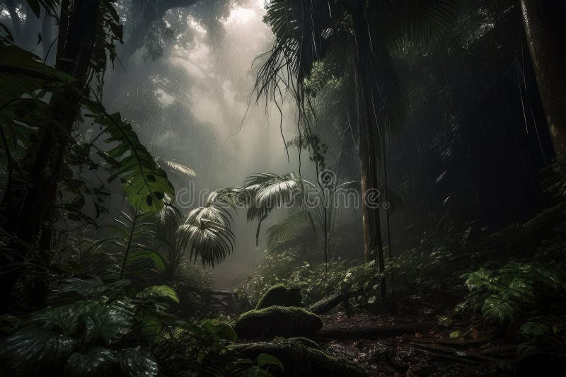Dark Rainforest during Storm, with Flashes of Lightning and Heavy Rain ...