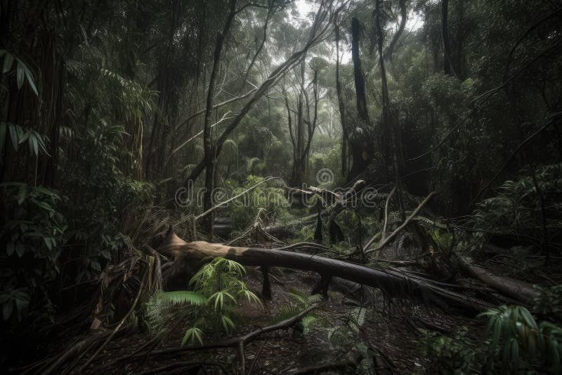 Dark Rainforest during Storm, with Flashes of Lightning and Heavy Rain ...