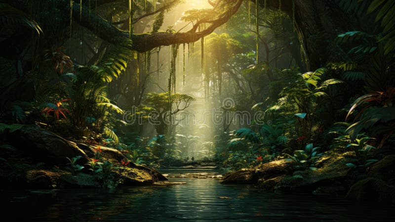 Dark Rainforest, Sun Rays through the Trees, Rich Jungle Greenery Stock ...