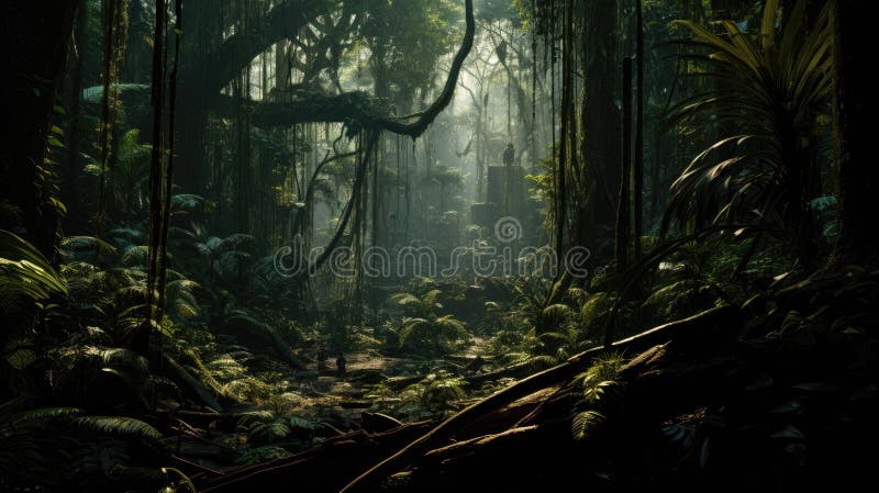 Dark Rainforest, Sun Rays through the Trees, Rich Jungle Greenery Stock ...