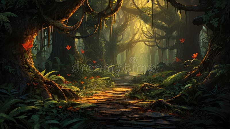 Dark Rainforest, Sun Rays through the Trees, Rich Jungle Greenery Stock ...