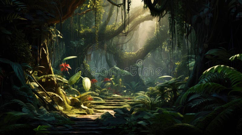 Dark Rainforest, Sun Rays through the Trees, Rich Jungle Greenery Stock ...