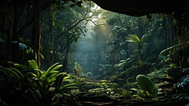 Dark Rainforest, Sun Rays through the Trees, Rich Jungle Greenery Stock ...