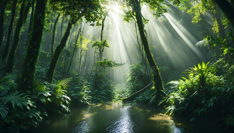 Dark Rainforest, Sun Rays through the Trees, Rich Jungle Greenery ...