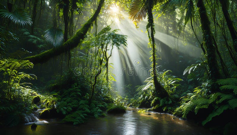 Dark Rainforest, Sun Rays through the Trees, Rich Jungle Greenery ...