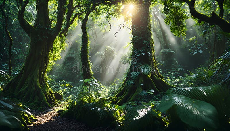 Dark Rainforest, Sun Rays through the Trees, Rich Jungle Greenery ...