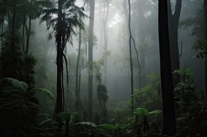 Dark Rainforest with Towering Trees and Misty Atmosphere Stock ...