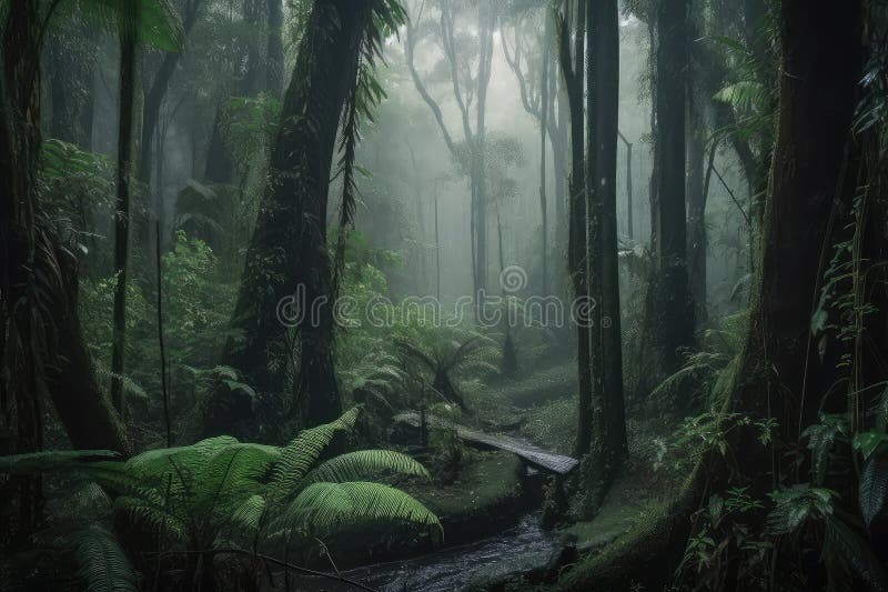 Dark Rainforest with Towering Trees and Misty Atmosphere Stock ...