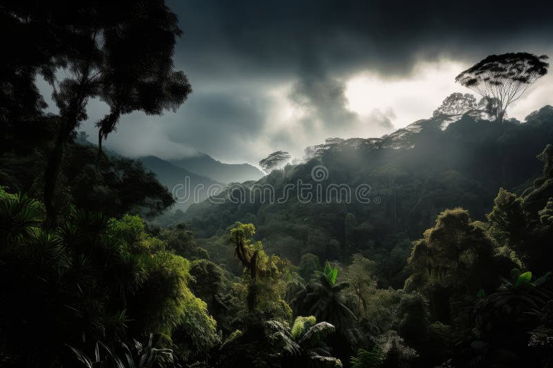 Dark Rainforest during Storm, with Flashes of Lightning and Heavy Rain ...
