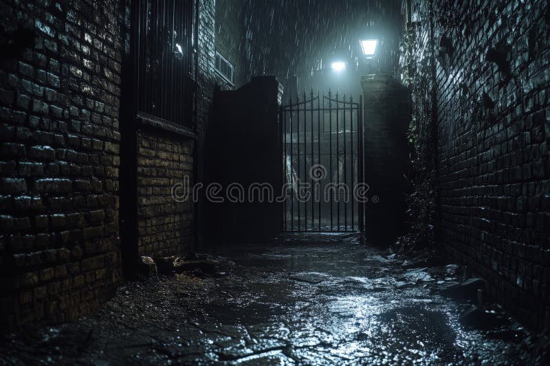 Dark Rainy Alley at Night with Gate and Lamplight Stock Illustration ...
