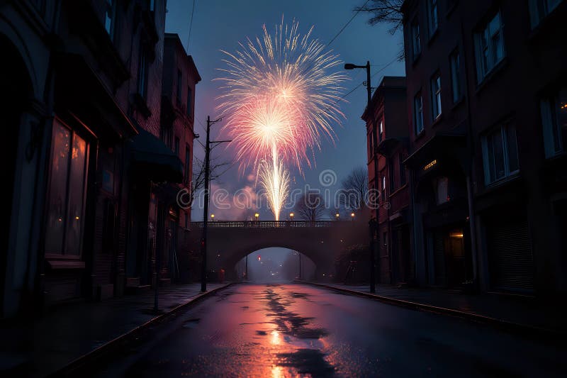 A Dark, Rainy Alleyway with Colorful Fireworks Exploding Over a Bridge ...