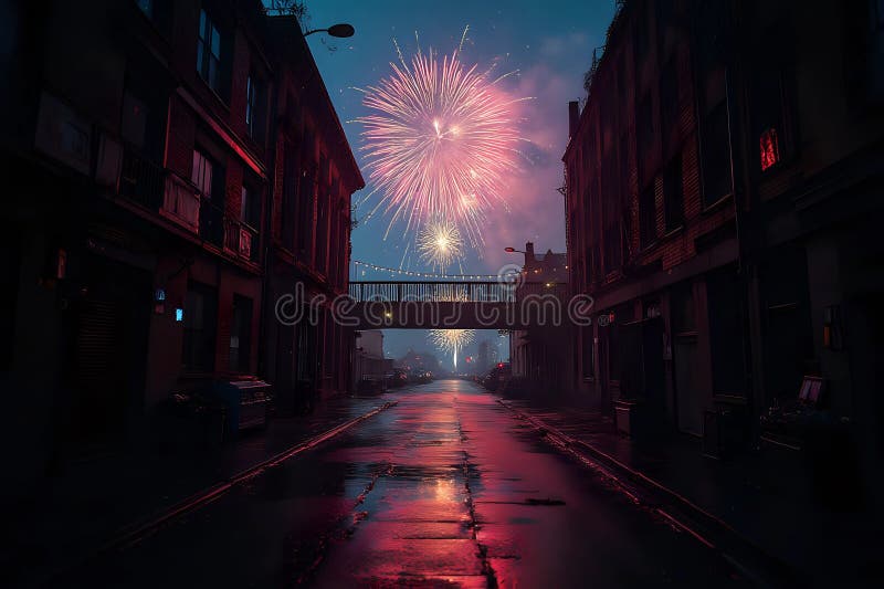 A Dark, Rainy Alleyway with Colorful Fireworks Exploding Over a Bridge ...