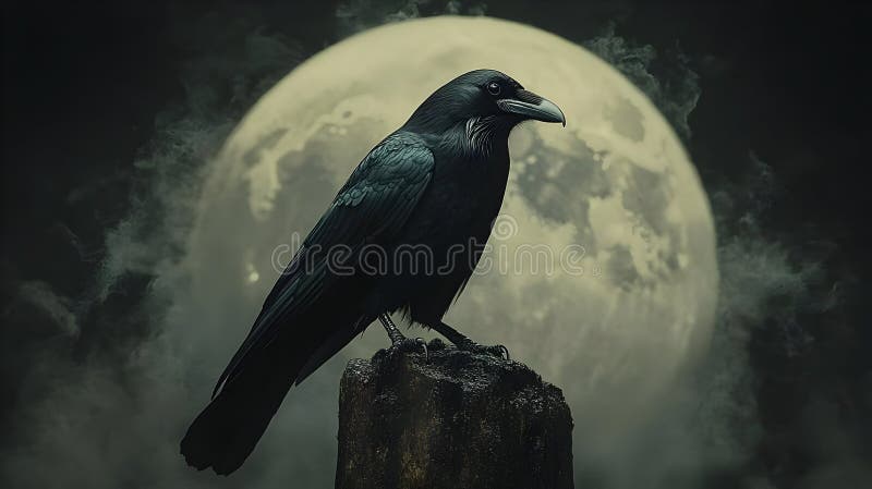 Dark Raven Illustration on Branch with Moon Stock Illustration ...