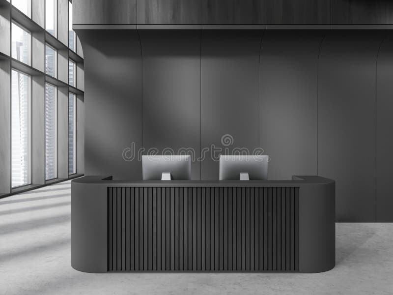 Dark Reception Interior Desk with Two Computers and Panoramic Window ...
