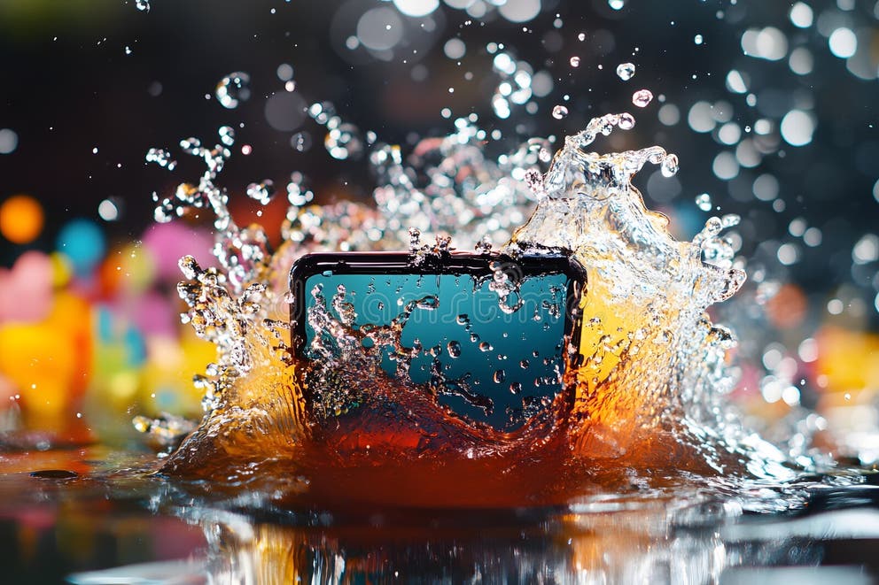 Dark Rectangular Device in Water Splash with Colorful Bokeh Background ...