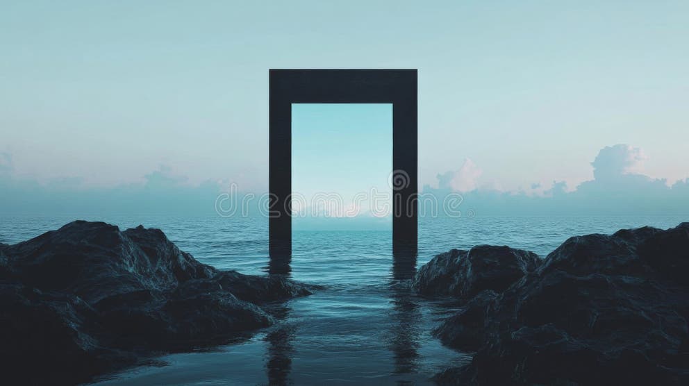 Dark Rectangular Portal in a Calm Teal Ocean Stock Illustration ...