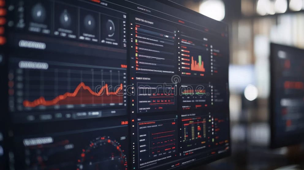 Dark Red and Black Data Analytics Dashboard on Computer Screen Stock ...