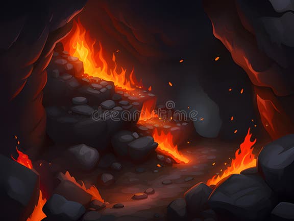Dark Red Cave with Fire in Night Stock Illustration - Illustration of ...