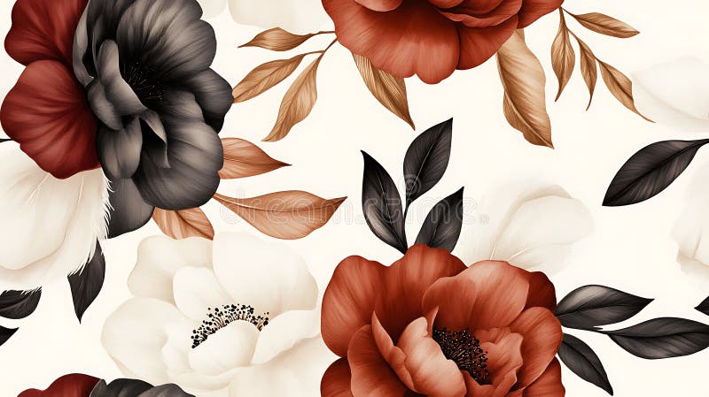 Dark Red and Cream Watercolor Floral Seamless Pattern Stock ...