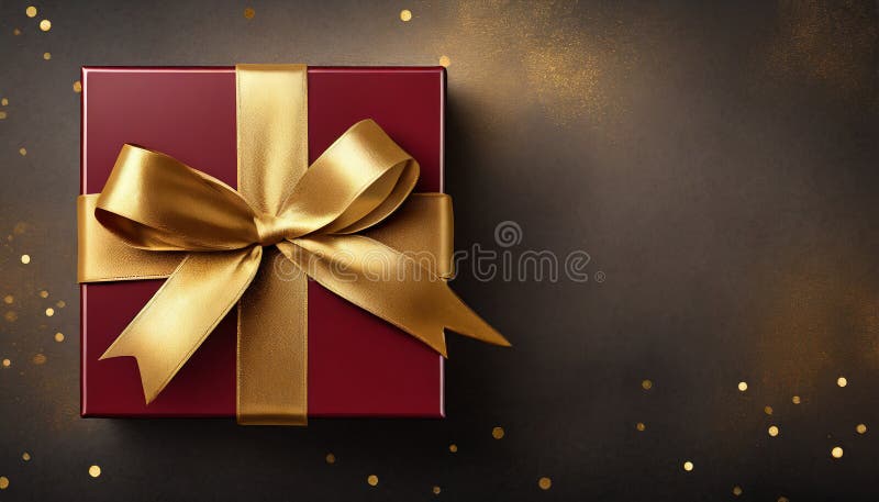 Dark Red Gift Box with Gold Satin Ribbon - Generative AI Stock Photo ...