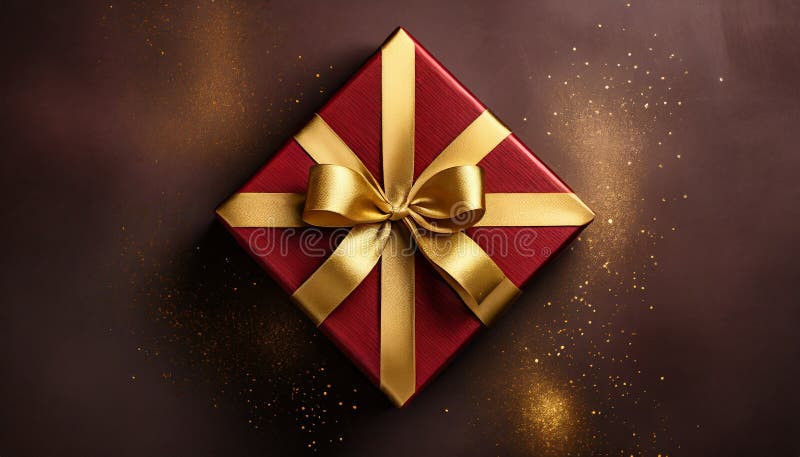 Dark Red Gift Box with Gold Satin Ribbon - Generative AI Stock Image ...