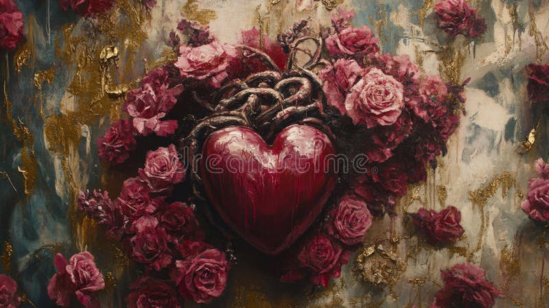 Dark Red Heart Bound by Vines and Roses Stock Illustration ...