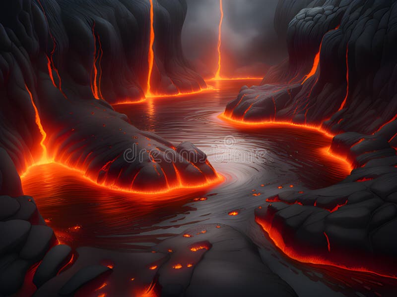 Dark Red Lava Flow with a Fire. 3d Rendered Illustration Stock ...