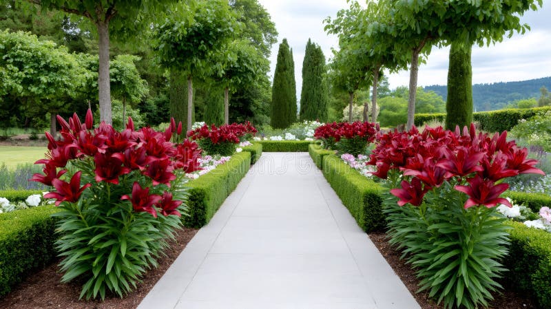 Dark Red Lilies Bordering a Path in a Formal Garden Stock Illustration ...