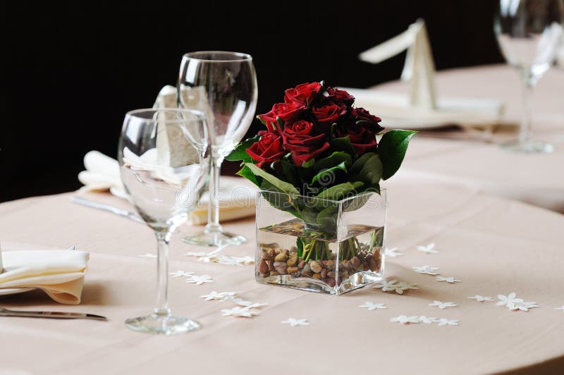 Dark Red Rose Arrangement on Dinner Table Stock Image - Image of ...