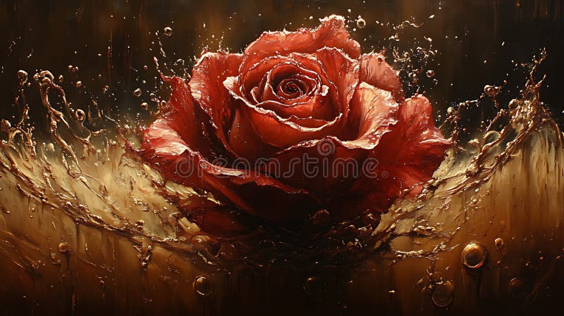 Dark Red Rose Submerged in Golden Liquid, Splashing Stock Illustration ...