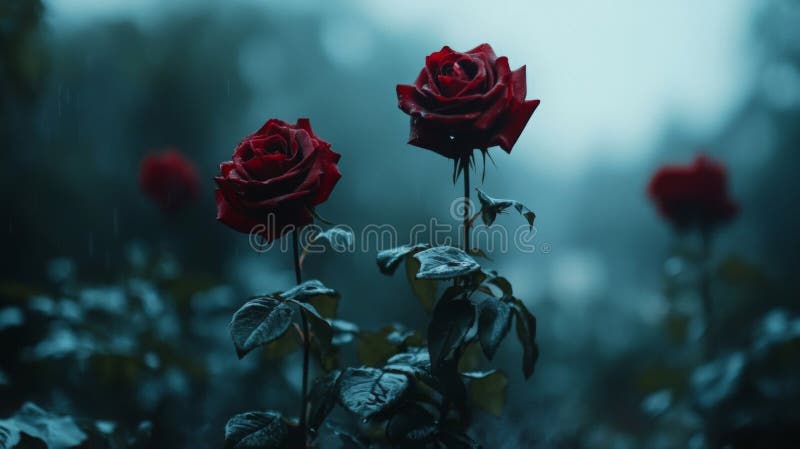Dark Red Roses Blooming in the Rain Stock Illustration - Illustration ...