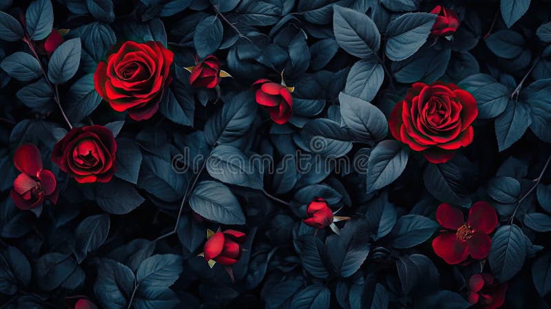 Dark Red Roses and Deep Green Leaves Background Stock Illustration ...