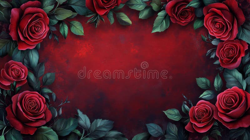 Dark Red Roses Frame a Deep Red Background Stock Illustration ...
