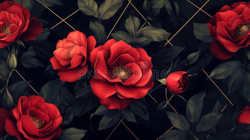 Dark Red Roses with Gold Lattice Pattern Stock Illustration ...