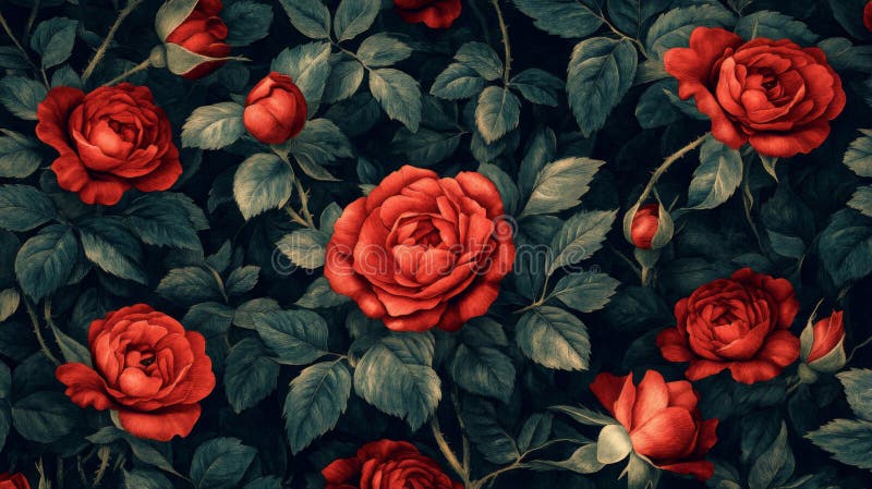 Dark Red Roses and Green Leaves Pattern Stock Illustration ...