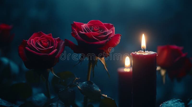 Dark Red Roses Illuminated by Candlelight at Night Stock Illustration ...