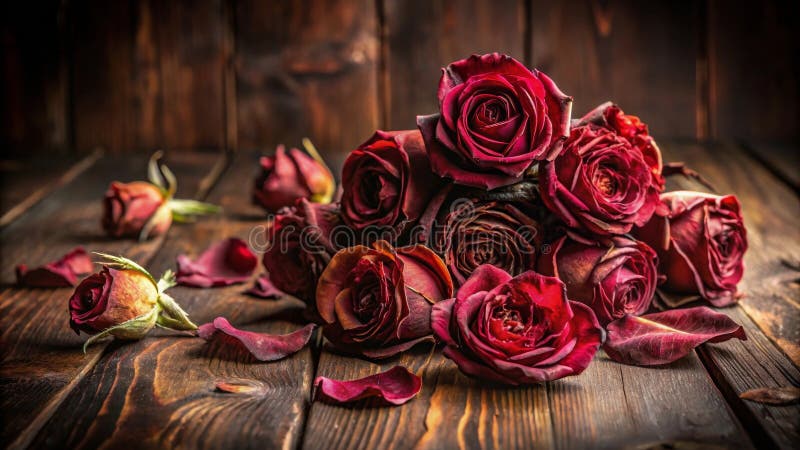 Dark Red Roses Scattered on Rustic Wooden Surface. Generative AI Stock ...