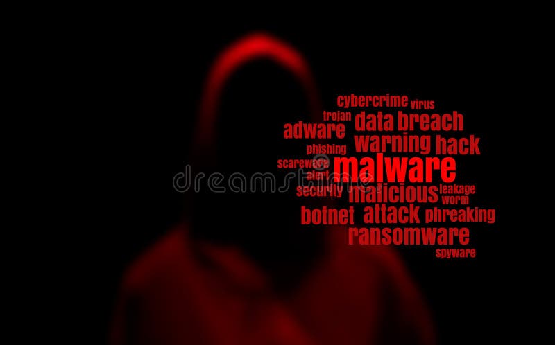 Dark Red Silhouette of a Hacker in a Hoodie with Malware Tag Cloud ...