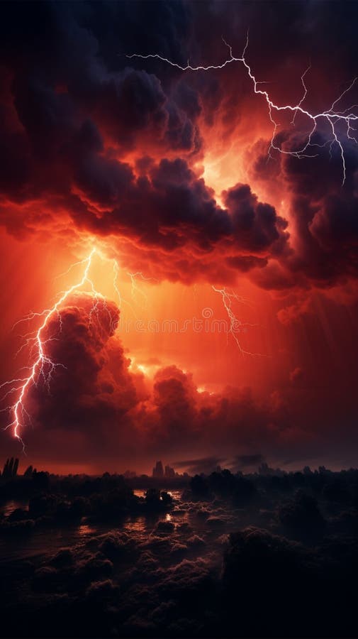 Dark Red Stormy Sky Illuminated by Dramatic Apocalyptic Lightning Stock ...