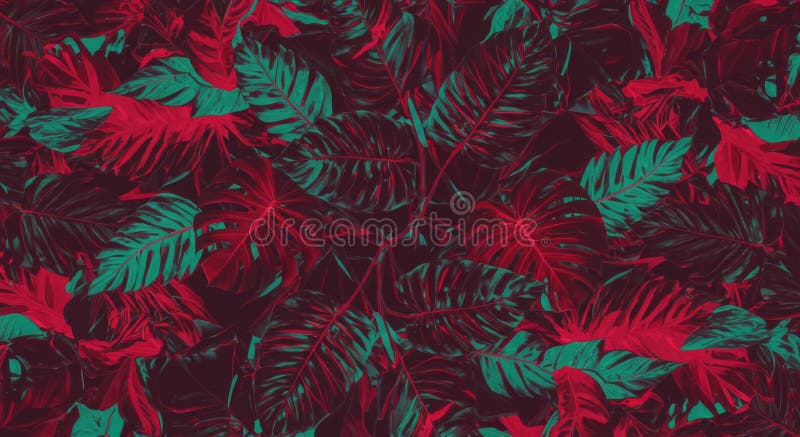 Dark Red and Teal Tropical Leaf Pattern Background Stock Illustration ...