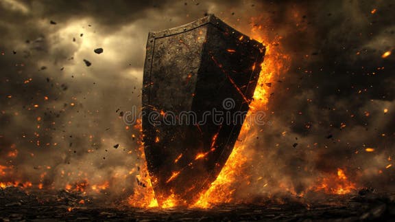 On a Dark Reflective Surface, a Glowing Broken Shield Icon with Red ...